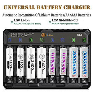 NL8 1.5V 1.2V Universal Battery Charger 8Bay, Rechargeable Battery Charger with C USB Input, AA AAA Battery Charger for 1.5V/1.2V/14500 Li-ion Rechargeable AA AAA Batteries