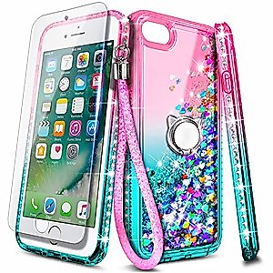 NGB Compatible for iPhone 8 Plus Case, iPhone 7 Plus /6 Plus /6S Plus with Tempered Glass Screen Protector, Ring Holder, Girls Women Kids Liquid Bling Sparkle Glitter Cute Case (Pink/Aqua)