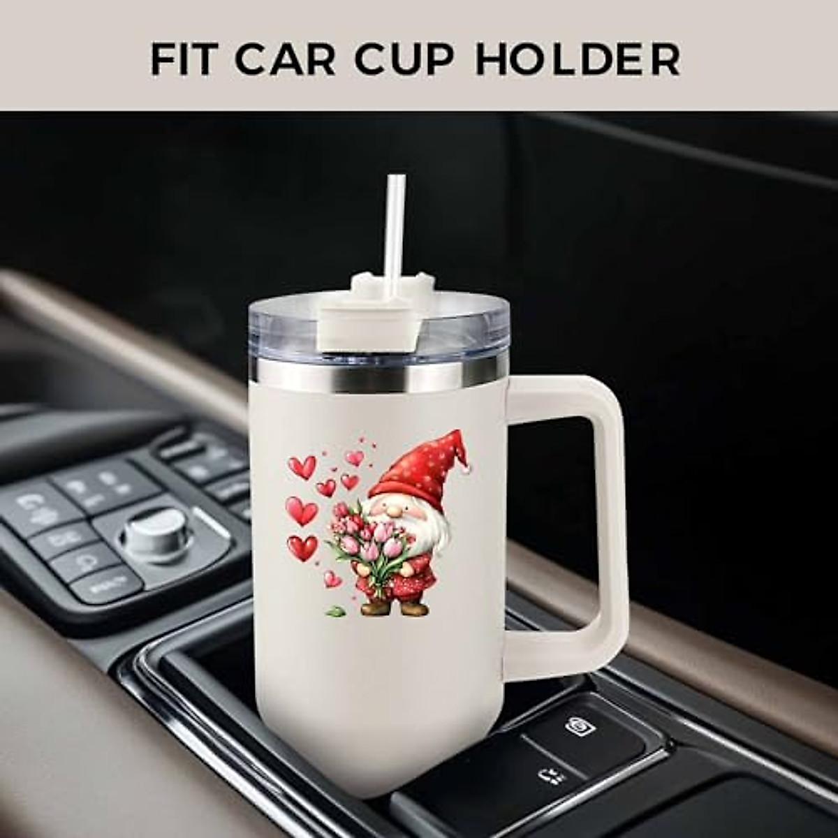 LB LEOBON 40 ounce insulated cup with handle, double-layer vacuum stainless steel material, equipped with straw, can keep warm or maintain cold drinks Red Love Gnome D white