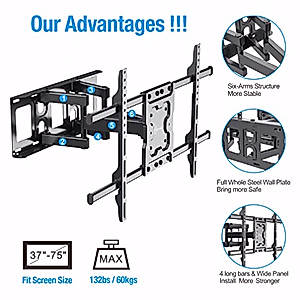 EVERVIEW Full Motion TV Wall Mount Bracket fits for Most 37-75 inch LED,LCD,OLED Flat Curved TVs,Dual Articulating Arms Swivels Tilts Rotation, VESA 600X400mm,132lbs,Fits 12/16" Wood Stud