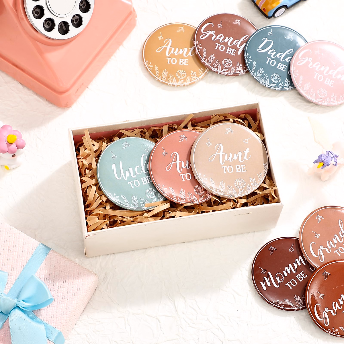 Loetere 10 Pcs Baby Shower Pin Back Buttons Mommy Daddy Aunt Uncle Grandma Grandpa to Be Baby Shower Party Favors Badge Gift, 2.2 Inch (Boho Rainbow)