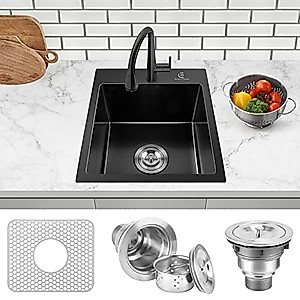 BURCHAIN 17 x 15 Inch Drop in Kitchen Sink Top mount Bar Sink 16 Gauge Stainless Steel Single Bowl Workstation with Sink Protector (Black)