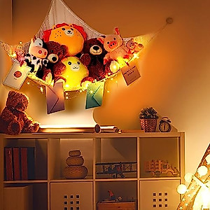 Berlune 2 Set Stuffed Animal Net or Hammock with LED Light, Stuffed Animal Storage Stuffed Animal Hammock Corner Toy Hammock Stuffed Animal Organizer with Clips Hooks for Bedroom Nursery Decor