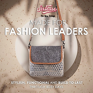 SIXTEASE Crossbody Bag for Women Vintage Style Genuine Leather, Upcycled Canvas, Rug, or Hair On - Cross Body Womens Bags with Inside Zipper Pockets - Triangular Fusion