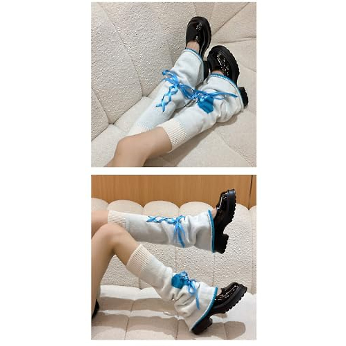 DEEPWIN Leg Warmer Leg Socks Lolita Love Sweet Knitted Leg Calf Cute Ribbon JK Spicy Girl (Blue)