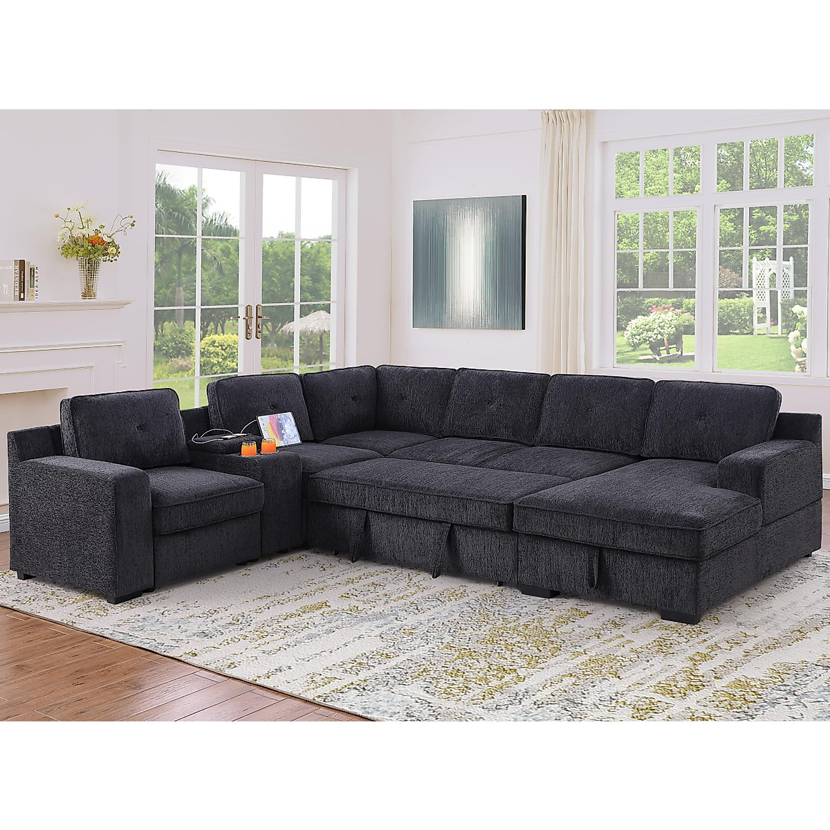 Ball & Cast 120" Sofa Bed with Pull Out Storage,5 Seat Sectional Couch with Cup Holder & USB Port,2 in 1 Design,for Living Room,Lounge,Apartment,Dark Grey