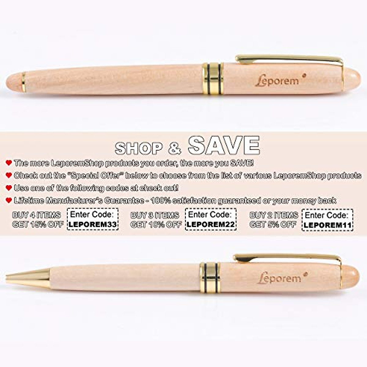 Ballpoint Pens - Handcrafted Twist to Open Wooden Ball Pen and Luxurious Smooth Writing Classic Executive Business Elegant Signature Gel Pen with Cap, Set of 2 in Luxury Wooden Gift Box by Leporem