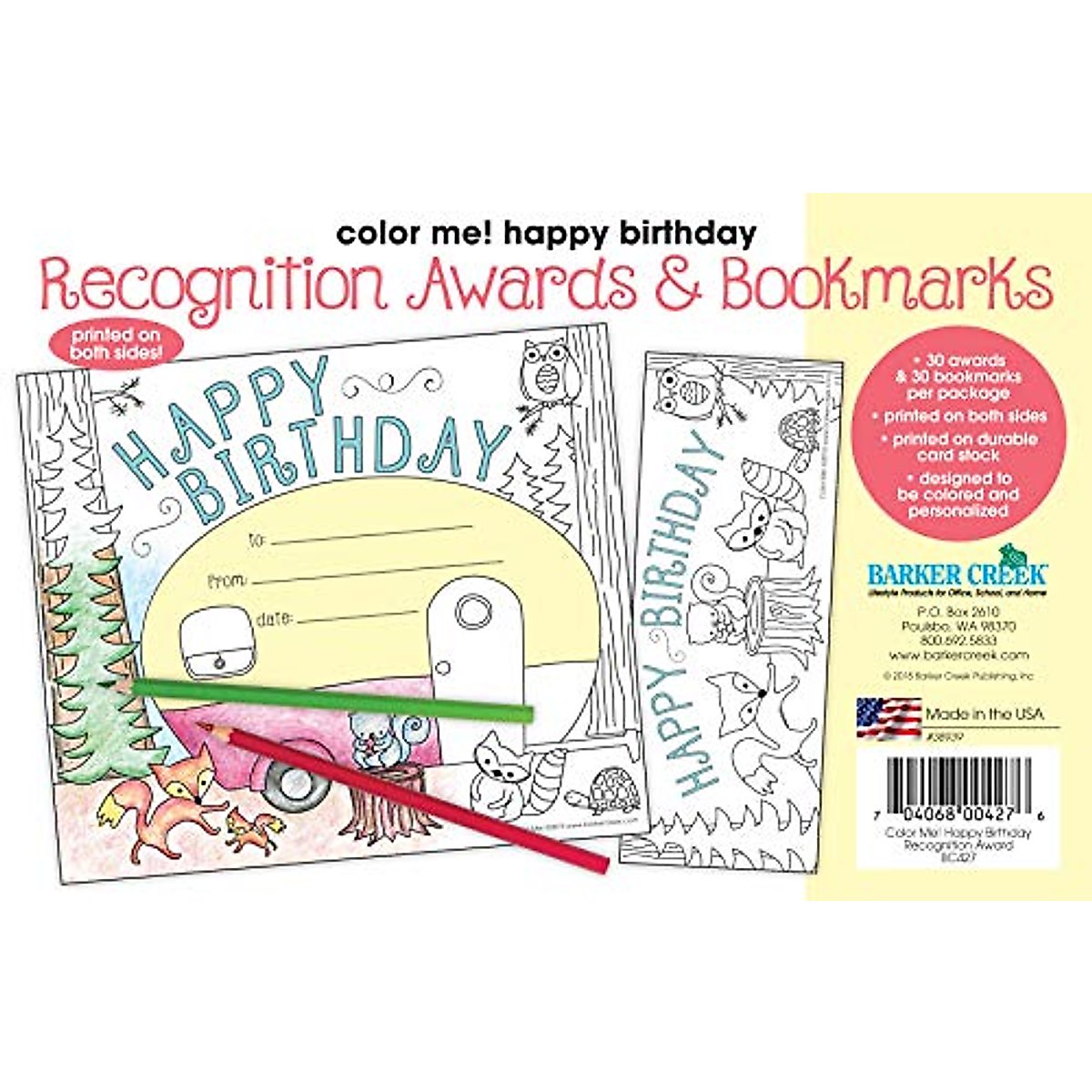 BARKER CREEK Recognition Awards and Bookmarks, Color Me Happy Birthday, 30 Double-Sided Awards and 30 Double-Sided Bookmarks, Awards are 6-3/8" x 5-1/2", Bookmarks are 2-1/8" x 5-1/2" (427)