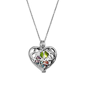 EVE'S ADDICTION Sterling Silver Personalized 6mm Round Simulated Birthstone Heart Caged Locket (16" chain) Personalized Gift for Her - Gifts for Mom