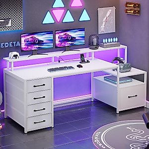 SEDETA White Computer Desk with 5 Drawer & Power Outlet, 66'' Home Office Desk with File Drawer, Storage Shelves, Printer Cabinet and Monitor Shelf, Gaming Desk with Led Lights