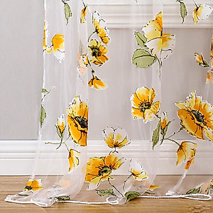 BROSHAN Sheer Curtains Yellow Flowers 1 Set of 2 Panels, Spring Beautiful Flower Voile Tulle Sheer Print Curtain Panels for Bedroom Living Room Window Treatments