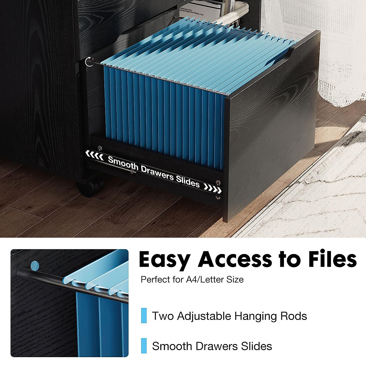 OLIXIS 3 Drawer Wood File Cabinet Small Mobile Lateral Printer Stand Storage with Open Shelf Shelves for Home Office