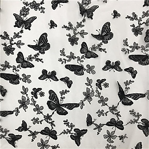 51" Width 3D Vivid Butterfly Lace Fabric Exquisite Flower Embroidery Soft Tulle Lace Fabric for Wedding Bridal Lace Dress Party Dress Home Decor (3 Yard, Apricot Mesh+Black Butterfly)