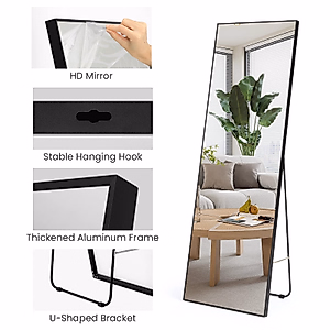 A.T.Lums Floor Mirror, 65" x 22" Full Length Mirror, Rectangle Stainless Steel Metal Frame with Stand, Modern Wall Mounted Mirror, Free Standing or Wall Mounted or Leaning Against Wall, Black