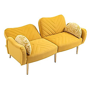 65" Sofa Bed, 2-seat Mid Century Modern Velvet Love Seats Sofa with 2 Bolster Pillows and Armrest Metal Legs for Compact Living Space, Apartment, Dorm, Bedroom - Mustard