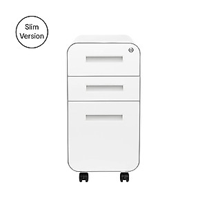 Laura Davidson Furniture Stockpile Slim 3-Drawer Mobile File Cabinet with Lock - Under Desk Metal Filing Cabinet, Legal/Letter File Folders, Wheels and Stationary Feet, Pre-Assembled, White