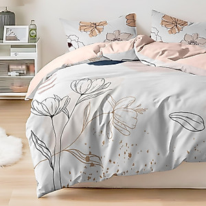 Rvciby Flower Duvet Cover Queen Size,Cotton with Polyester Duvet Cover Set Flower,3PCS Soft Microfiber Bedding Set with Corner Ties & Zipper Closure,1 Duvet Cover and 2 Pillow Shams