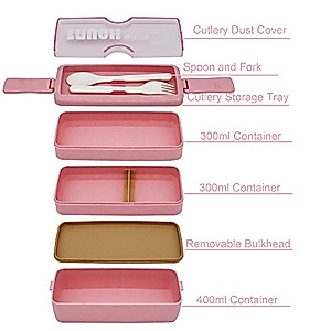 JBGOYON Bento Box Adult Lunch Box 1000 ML Stackable Lunch Containers for Adults, Leakproof 3-In-1 Compartment Bento Boxes Set, Built-in Cutlery, Soup Cup, Tote Lunch Bag, Snack Bag (Pink)