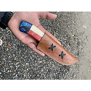 NUSHBA 012 Handmade Damascus Gut Hook Skinning Hunting Knife With Cow Brown Leather Sheath- Best Damascus Steel American Flag Handle Hunting Knife