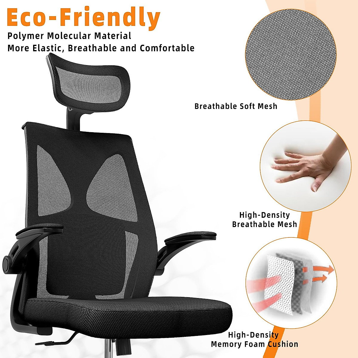 Ergonomic Office Chair, High Back Desk Chair, Breathable Mesh Desk Chair with Lumbar Support, Adjustable Headrest and Flip-Up Arms, Swivel Task Chair with Adjustable Height (Black)