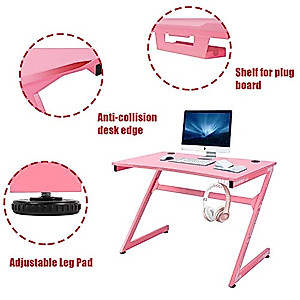 YIGOBUY Pink Gaming Computer Desk 43 Inch Barbie Gaming Table Z Shape Black Racing Table Student Desk with& Headphone Hook for Kids Adults Home Office Bedroom Computer Workstation