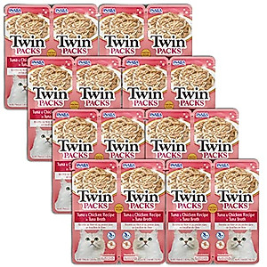 INABA Twin Packs for Cats, Grain-Free Shredded Chicken & Broth Gelée Side Dish/Topper Pouch, 1.4 Ounces per Serving, 22.4 Ounces Total (16 Servings), Tuna & Chicken Recipe in Tuna Broth