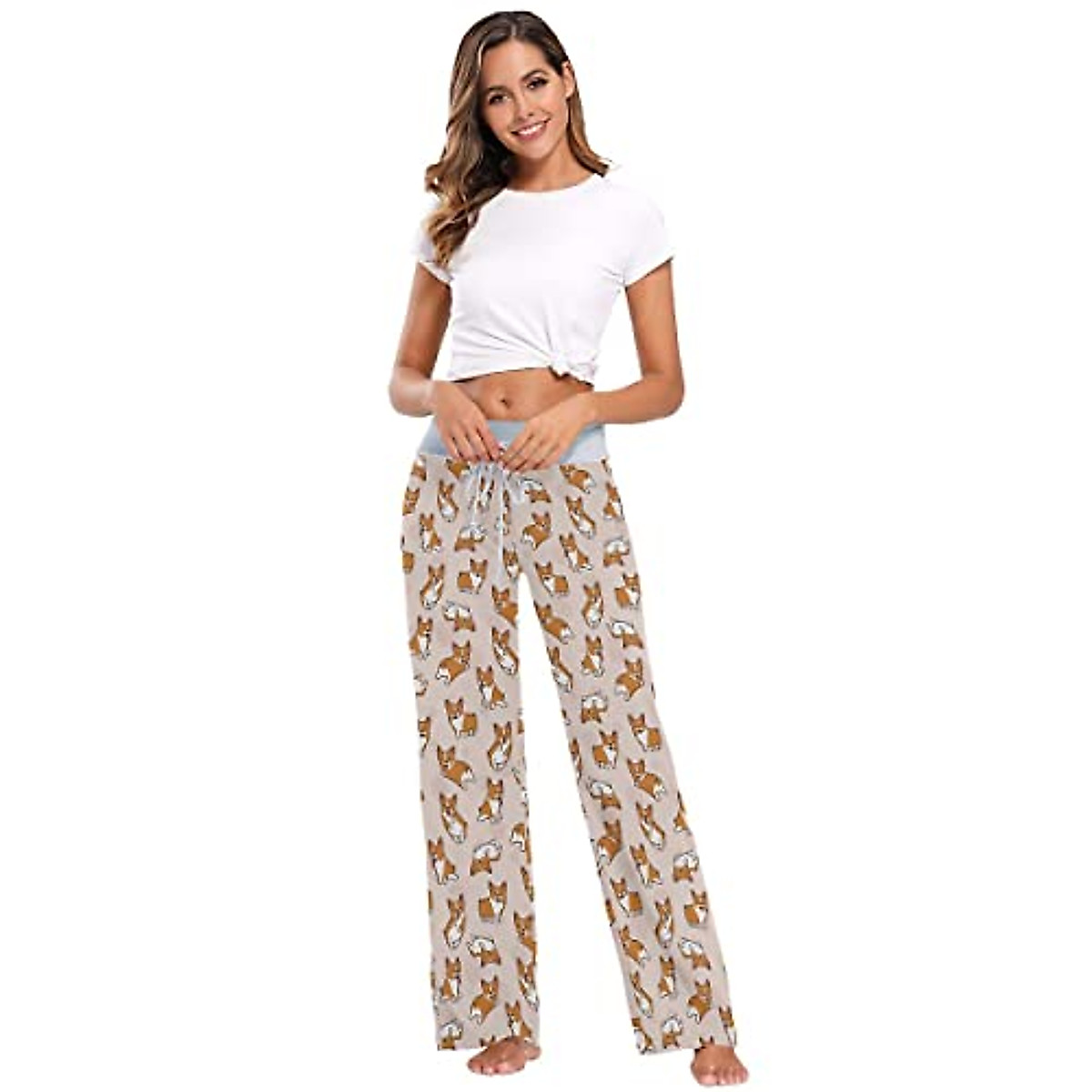 Women's Comfy Pajama Pants Cartoon Corgis Pattern Casual Drawstring Palazzo Lounge Wide Leg Pants, Medium