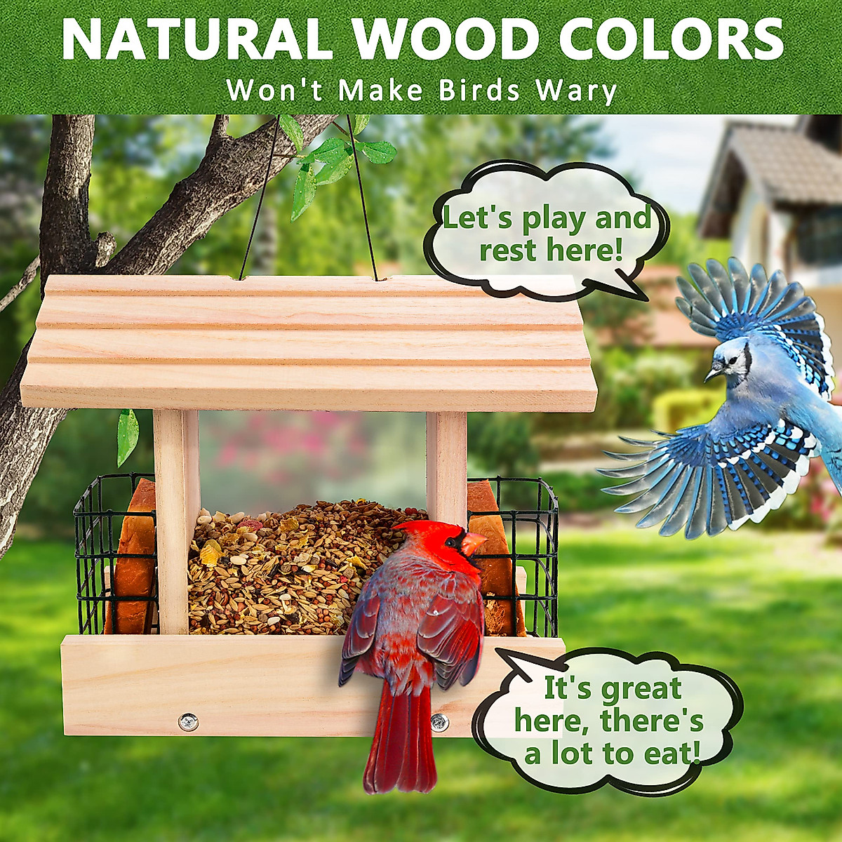 Bird Feeders for Outdoors Hanging - Wooden Bird Feeder Hopper, Cardinal Bird House Feeder, Large Bird Feeder with Suet Holder for Outside, Wild, Outdoors Hanging Pole