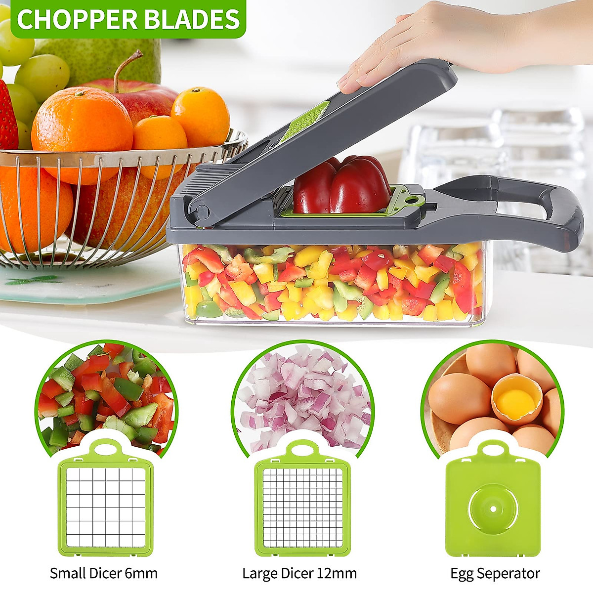 Premium Vegetable Chopper, 7 Blade Veggie Chopper, Cutter, Dicer, 12-in-1 Onion Chopper, Mandolin Slicer, Multifunctional Food Chopper with Container