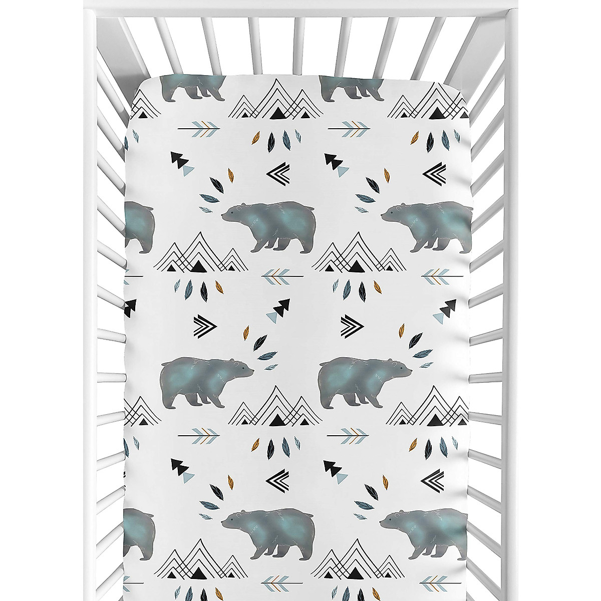 Sweet Jojo Designs Slate Blue Bear Mountain Boy Baby Fitted Crib Sheet Set Nursery Soft Infant Newborn Fits Standard Mattress or Toddler Bed - 2pc - Black and White Watercolor Woodland Forest Animal