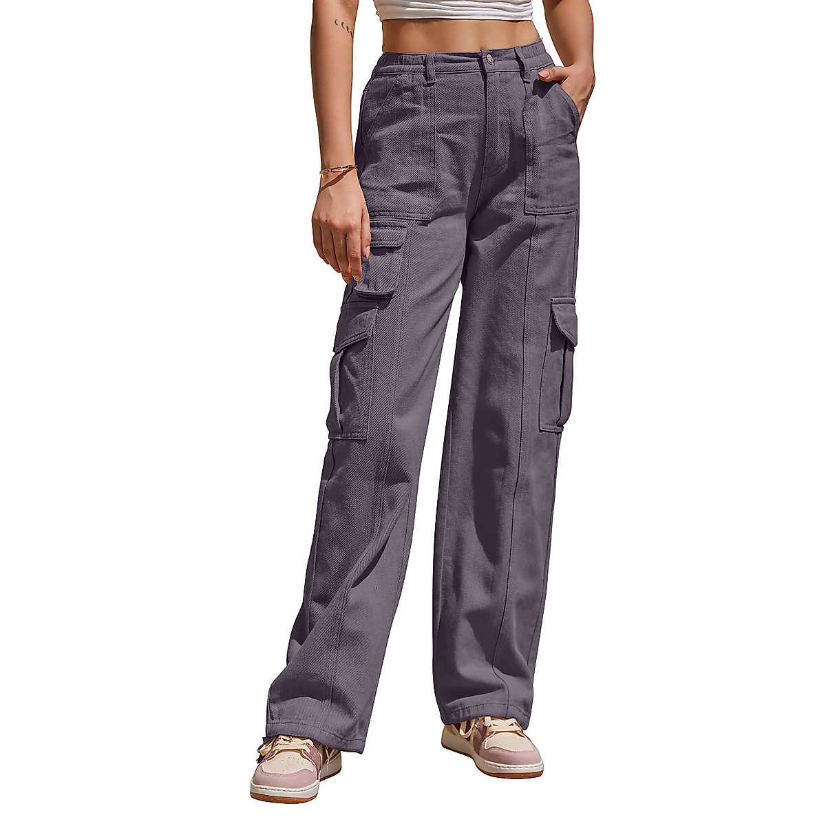 Hiistandd Women's High Waisted Cargo Pants Cotton Wide Leg Casual Pants Combat Military Work Trouser(Dark Gray,L)