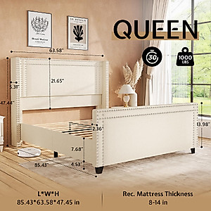 Jocisland Queen Size Bed Frame, Chenille Upholstered Platform Bed with Wingback Headboard & Footboard, Nailhead Trim, No Box Spring Needed, Cream