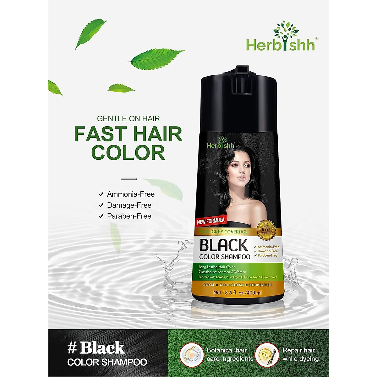 Herbishh Hair Color Shampoo for Gray Hair - Enriched Formula with Keratin & Tuber Fleece Flower - Full Grey Coverage, Easy to Use, Long lasting, Instant - Black (400ml)