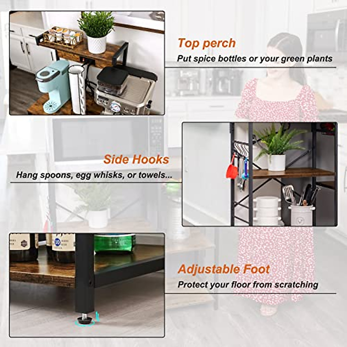 SUPERJARE Bakers Rack with Power Outlet, Microwave Stand, Coffee Bar with Wire Basket, Kitchen Storage Rack with 6 S-Hooks, Kitchen Shelves for Spices, Pots and Pans - Rustic Brown