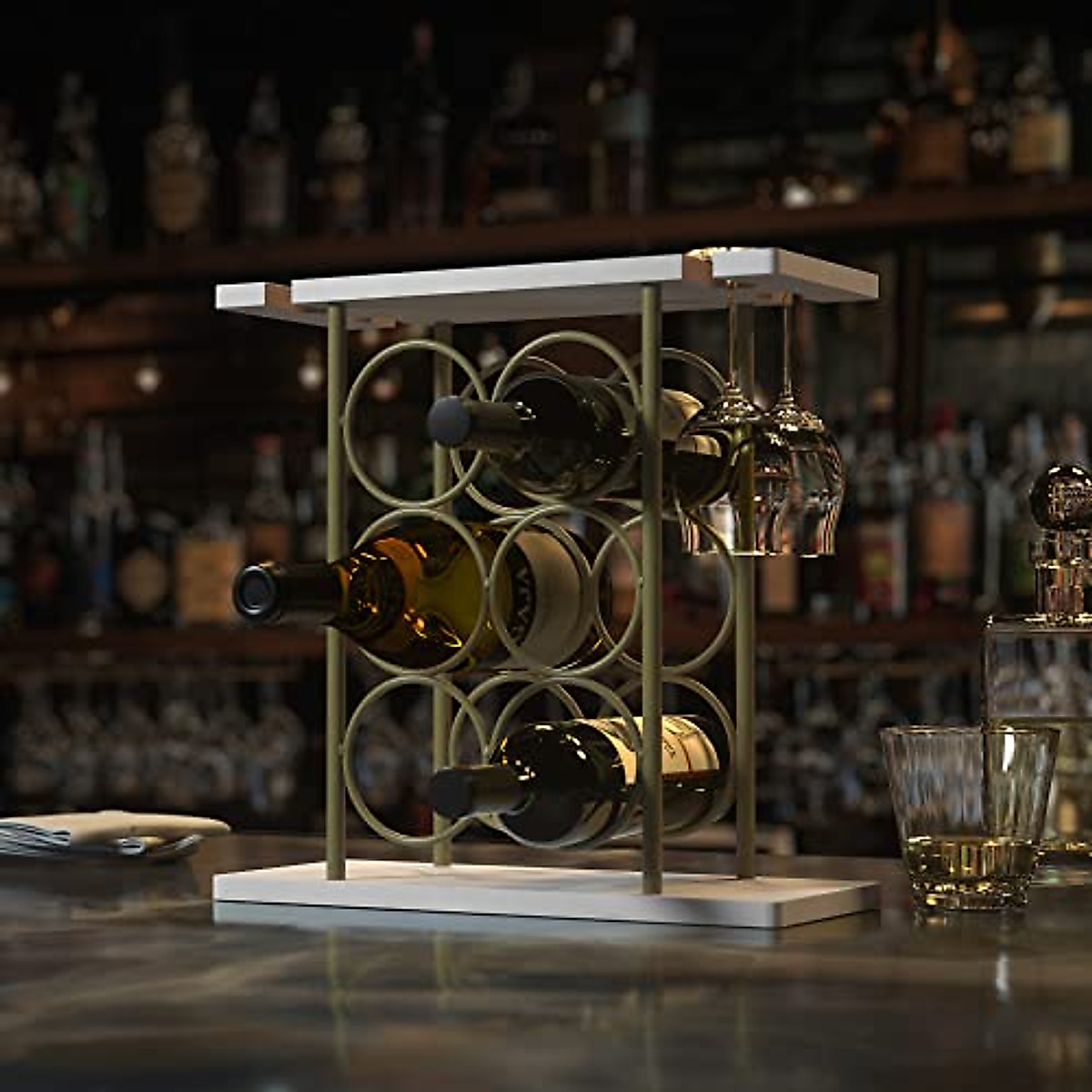 LAPEPI Wine Rack with Glass Holder, Gold Frame,Countertop Wooden Wine Rack,Holds 6 Bottles and 4 Glasses freestanding Floor, Decorative Wine Storage Rack
