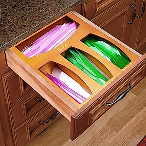 Ravel Bamboo Ziplock Bags Storage Organizer for Kitchen Drawer, Food Storage Bag Holder With Gallon,sandwich & Snack Varity Size Bags.