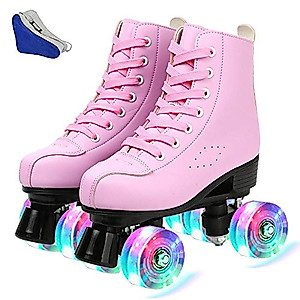 Comeon Women Roller Skates PU Leather High-top Roller Skates Four-Wheel Roller Skates Double Row Shiny Roller Skating for Indoor Outdoor (Pink Flash,10 M US)