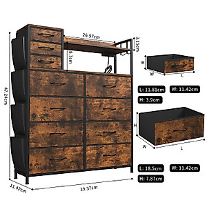 DRAWERHOM 11 Drawers Dresser for Bedroom, Dresser TV Stand with Power Outlets and LED Lights for 55'' TV, Fabric Chest of Drawers with Side Pocket, PU Finish, Sturdy Frame & Wood Top, Rustic Brown