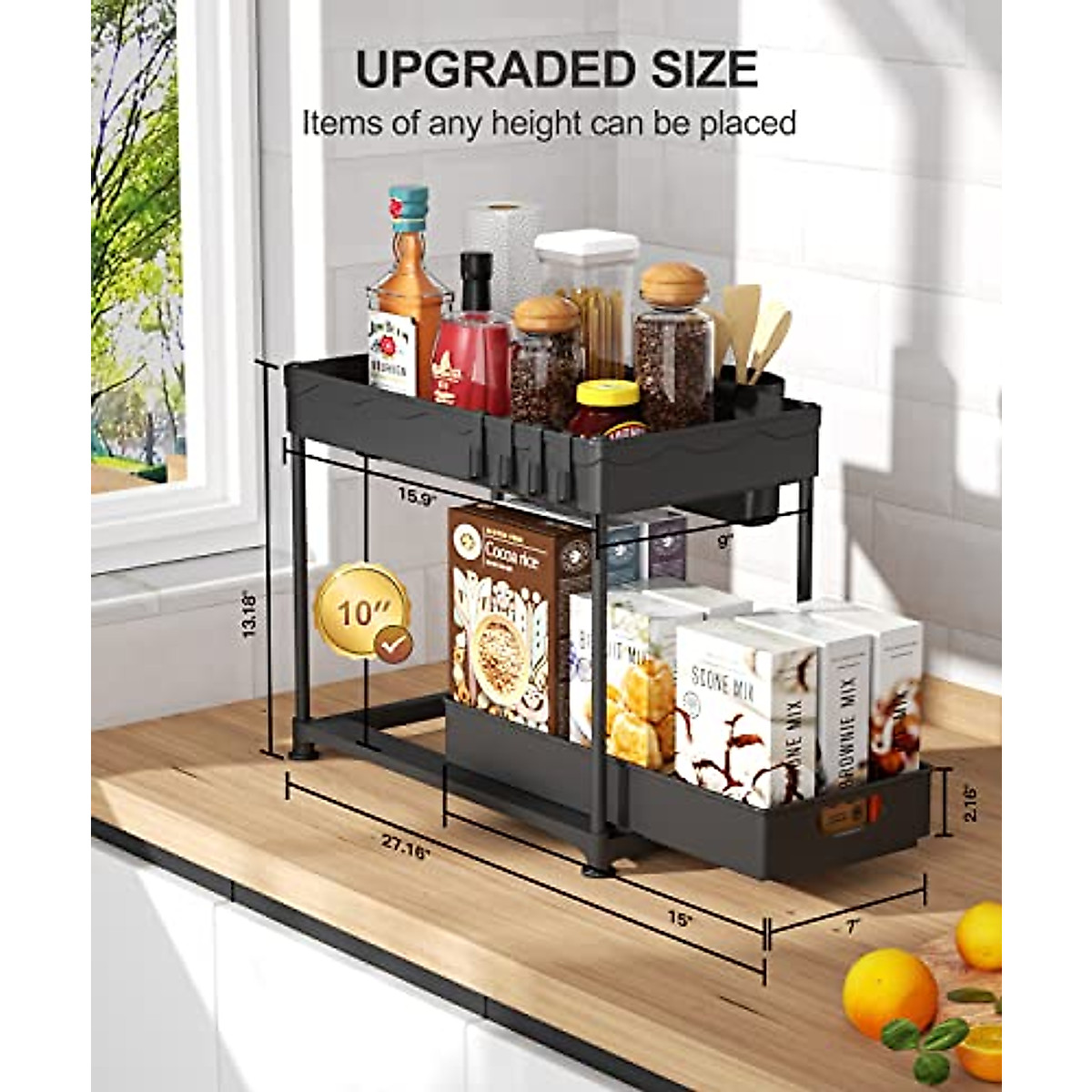 MERRYBOX Under Sink Organizers and Storage, Sliding Under Bathroom Cabinet Organizer, 2 Tier Kitchen Under Sink Organizer Pull Out Drawer with 4 Hooks, 1 Hanging Cup, 4 Non-Slip Feet, Black, 1 Pack