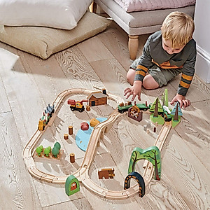Tender Leaf Toys - Wild Pines Train Set - 95 Pieces Wooden Train & Bridge Set for Kids, Toddler Boys & Girls - Compatible with Most Toy Trains - Age 3+
