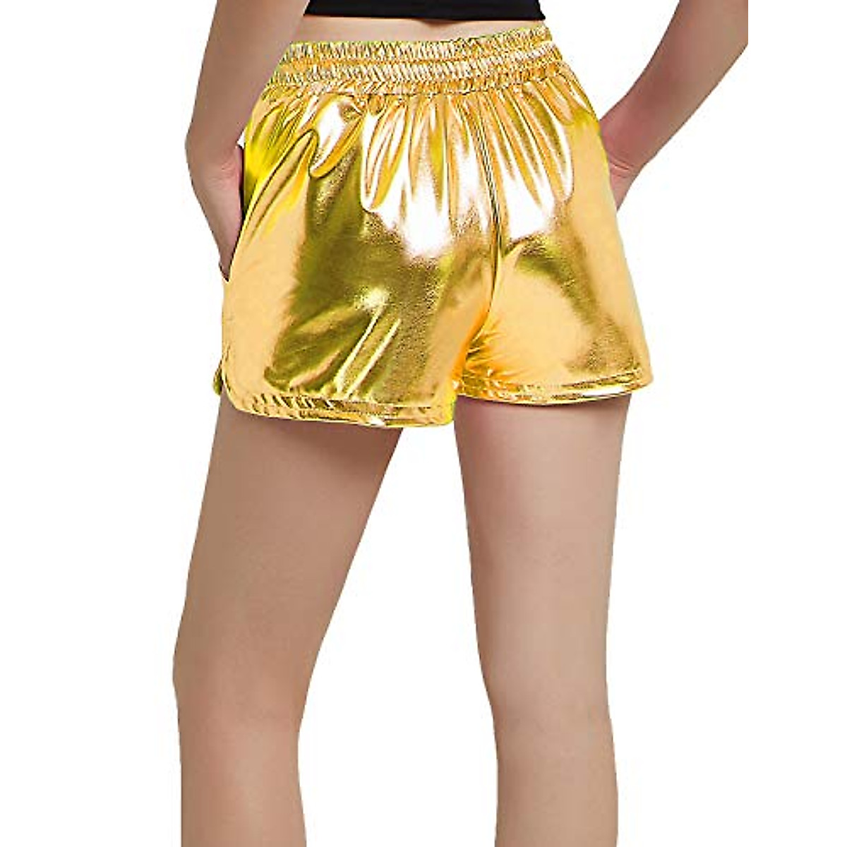 Women's Metallic Shorts Yoga Shiny Sparkly Hot Drawstring Outfit Short Pants Extra Small Gold