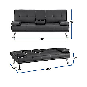 Naomi Home Black Futon Sofa Bed, Faux Leather Futon Couch with Armrest and 2 Cupholders, Pull Out Sofa Bed Couch with Metal Legs, Reclining Small Couch Bed, Black Couches for Living Room
