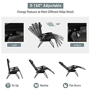Tangkula Zero Gravity Chair, Folding Patio Lounge Chair Adjustable Outdoor Recliner with Cup Holder, Wide Armrest for Patio Garden Poolside Outdoor Yard Beach, Support 350 lbs (1, Grey)