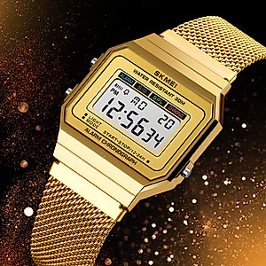 FANMIS Women's Men's Digital Electronic Square LED Sports Watch Multifunction Waterproof Daily Alarm Gold-Tone Watch (Y Gold)