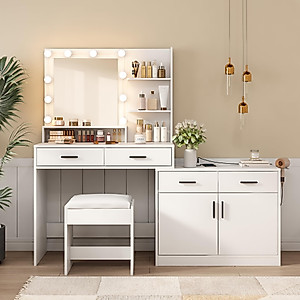 Vabches Vanity Desk with Mirror and Lights,Makeup Vanity with Power Outlet&Stool,3 Color Lighting Modes,White Vanity Table Set with 4 Drawers,Lots Storage and Shelves