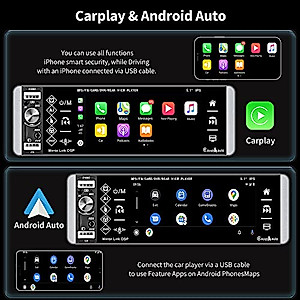 Car Radio Single Din with Apple Carplay Android Auto, 5.1 Inch IPS Touch Screen Car Stereo Support Bluetooth FM Mirror Link SWC Voice Assistant AUX-in USB TF Card Port with Backup Camera