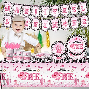 Western Cowgirl Birthday Party Decoration,142Pcs Pink Disco Cowgirl 1st Tableware Set I’m One Cowgirl Plates Napkins Cowgirl Tablecloth for My First Rodeo Let’s Go Cowgirl 1st Baby Shower Decoration