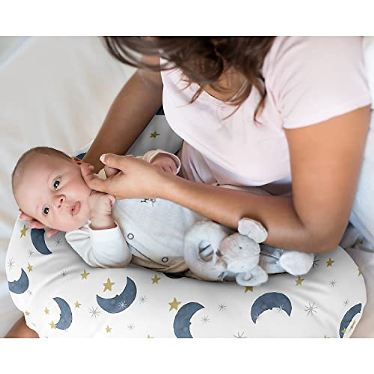 Sweet Jojo Designs Moon and Star Nursing Pillow Cover Breastfeeding Pillowcase for Newborn Infant Bottle Breast Feeding Pillow NOT Included - Navy Blue and Gold Watercolor Celestial Sky Gender Neutral