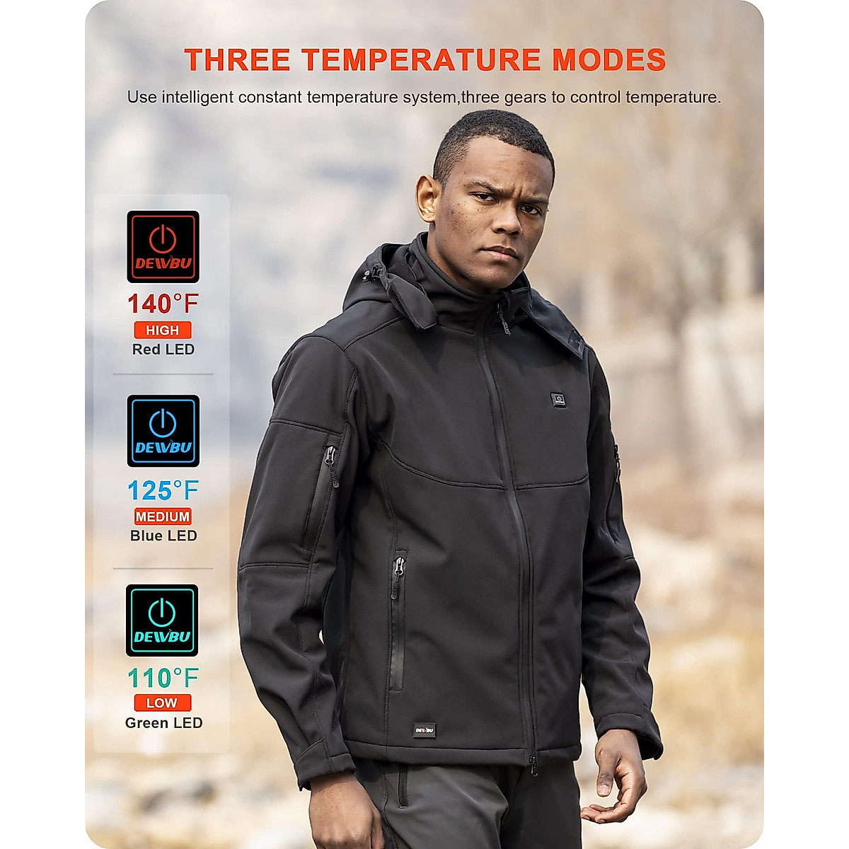 DEWBU Soft Shell Heated Jacket for Men with 12V Battery Pack and Detachable Hood Outdoor Electric Heating Coat, Black, M
