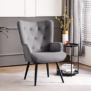 Furniliving Modern Accent Chair, Velvet Tufted Button Wingback Chair Upholstered Side Armchair Comfy Lounge Chair with Tapered Legs Sofa Leisure Chair for Home Office/Living Room/Bedroom, Grey